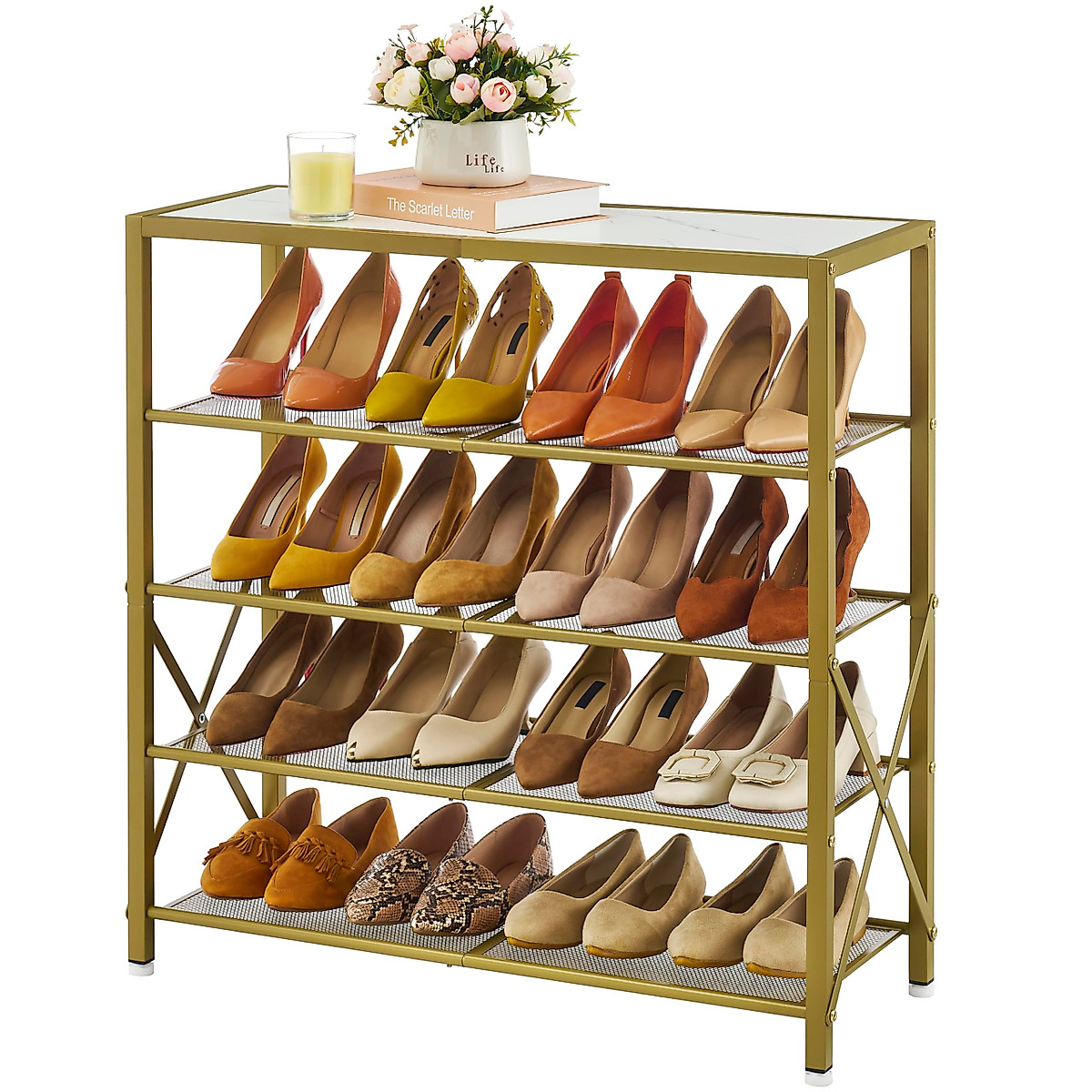 Tajsoon 5 Tier Shoe Rack Organizer for 16-20 Pairs of Shoes, Industrial Metal Mesh Shoe Rack for Closet, Entryway Shoe Storage, Shoe Shelf with X Shape Fixed Frame, White & Gold