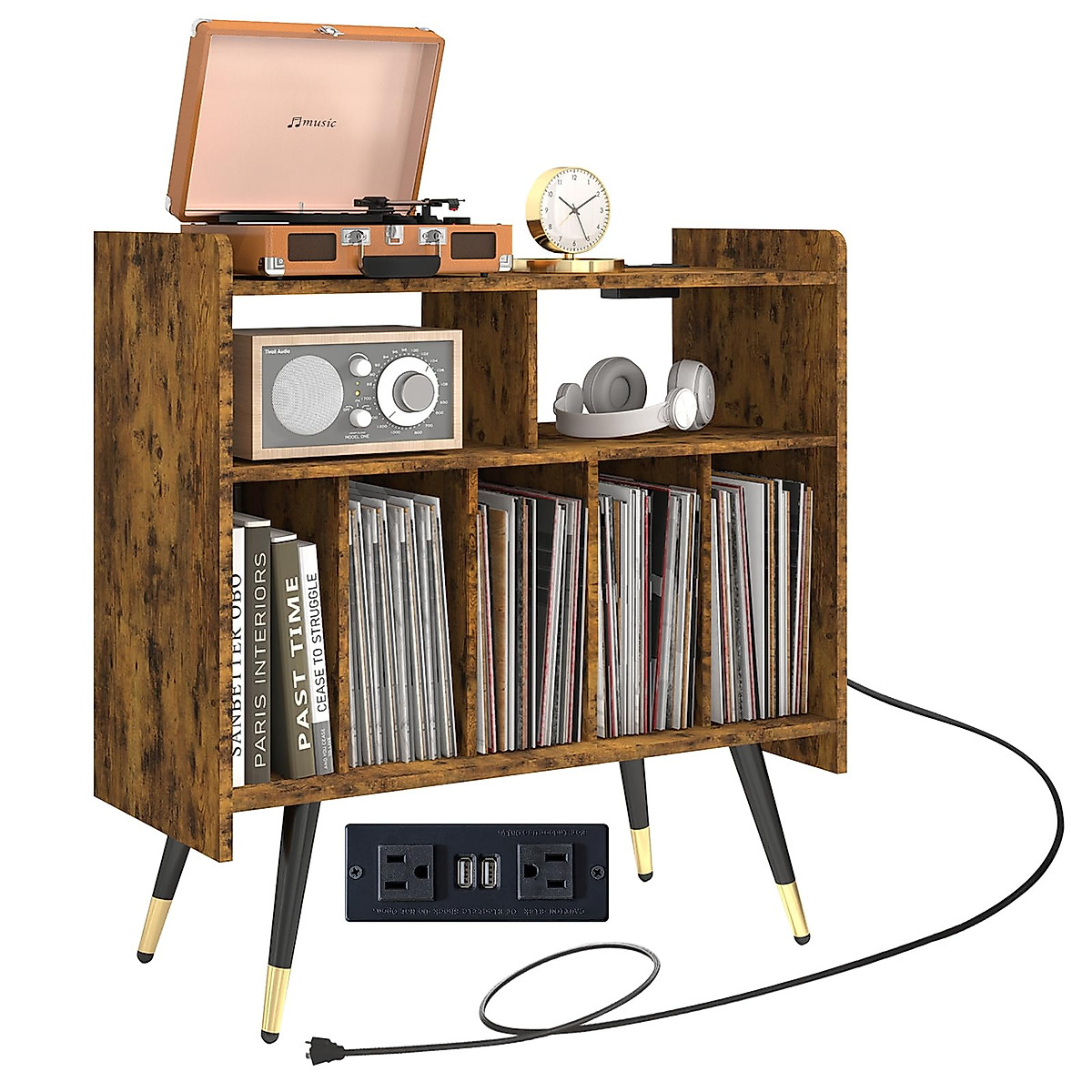 Large Record Player Stand, Vinyl Record Storage Cabinet with Power Outlet, Record Player Table Holds up to 350 Albums, Mid-Century End Table Turntable Stand for Living Room, Office