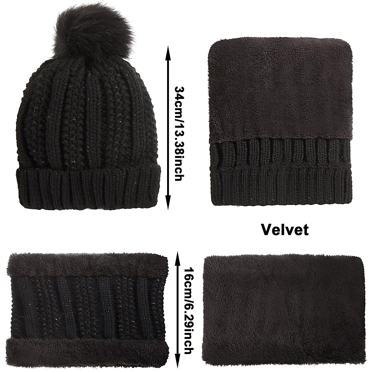 SATINIOR 5 Pcs Winter Hat Scarf Gloves Set Knit Beanie Pompom Hat Warm Touch Screen Gloves Earmuff Warmer Stocking for Women(Black,Classic Style)