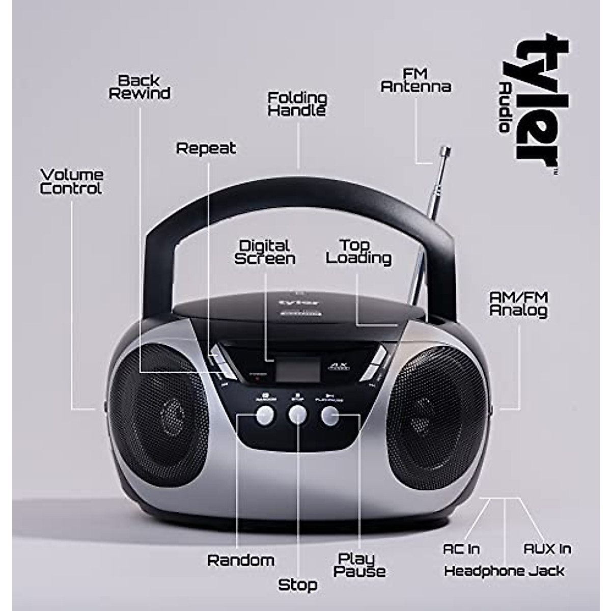 Tyler Portable CD Player Boombox Radio AM/FM Top Loading AC & Battery Compatible Aux Input & 3.5mm Headphone Jack Small Lightweight Compact Boom Box Home Stereo Speakers Carrying Handle Kids Silver