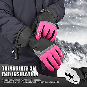 MCTi Ski Gloves,Winter Waterproof Snowboard Snow 3M Thinsulate Warm Touchscreen Cold Weather Women Gloves Wrist Leashes Rose Red Small