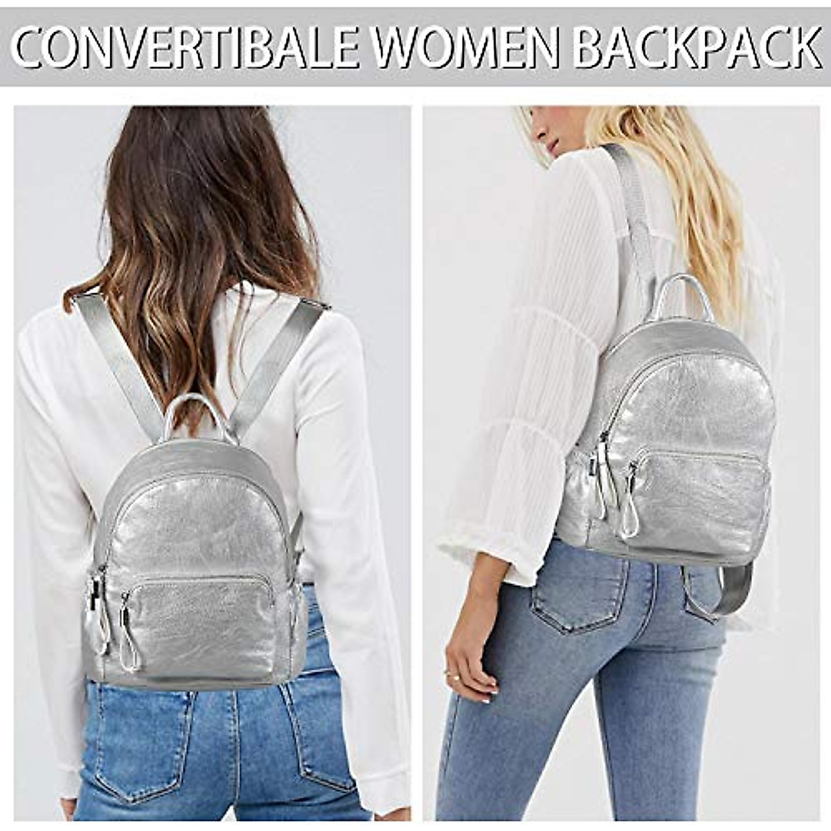 VASCHY Mini Backpack Purse, Cute Faux Leather Small Backpack Purse for Women and Teen Girls with Double Compartment Silver