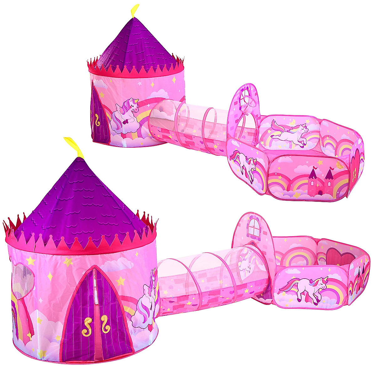 JOYIN Girls Unicorn Princess Pink Castle Play Tent with Pop Up Play Tent, Tunnel and Playhouse with Ball Pit Kids Indoor Outdoor Play Tent Set