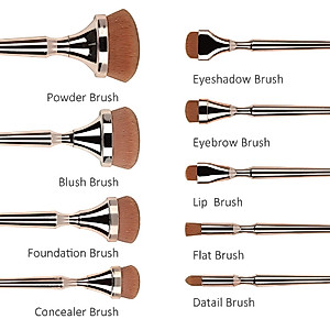 Logiverl 9 Pieces Makeup Brushes Powder Blush Foundation Concealer Eyeshadow Eyebrow Lip Flat Detail Brush for Blending Buffing Foundation Cream Make Up Brushes Tools Kit (Rose Golden)