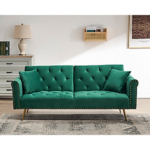 Eafurn Modern Velvet Upholstered Futon Bed Sectional Folding Recliner Sleeper Reversible Loveseat Convertible Daybed,3 Angles, Nailhead Tufted Sofa & Couches for Small Places, Green w/Naildhead Trim