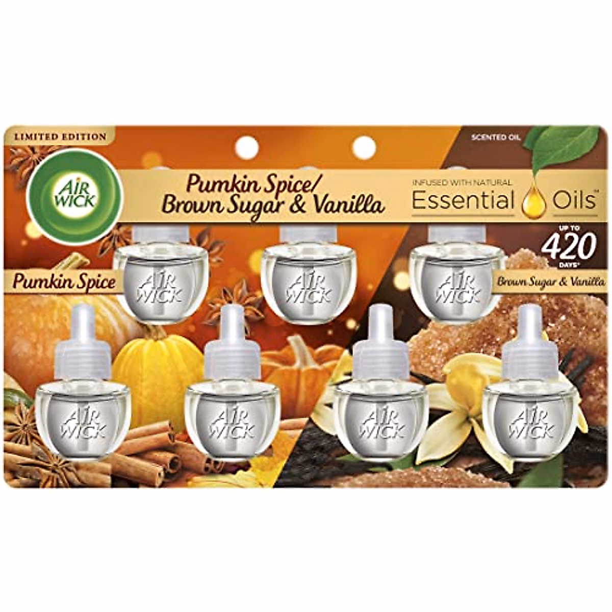 Air Wick Plug in Scented Oil Refill, 7ct, Pumpkin + Brown Sugar Mixed Pack, Fall Scent, Essential Oils, Air Freshener