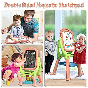 Weudear Kids Easel, Kids Toys Rotatable Double Sided Chalk Board Adjustable Height Standing Toddler Easel with 79pcs Accessories Art Set, Pink