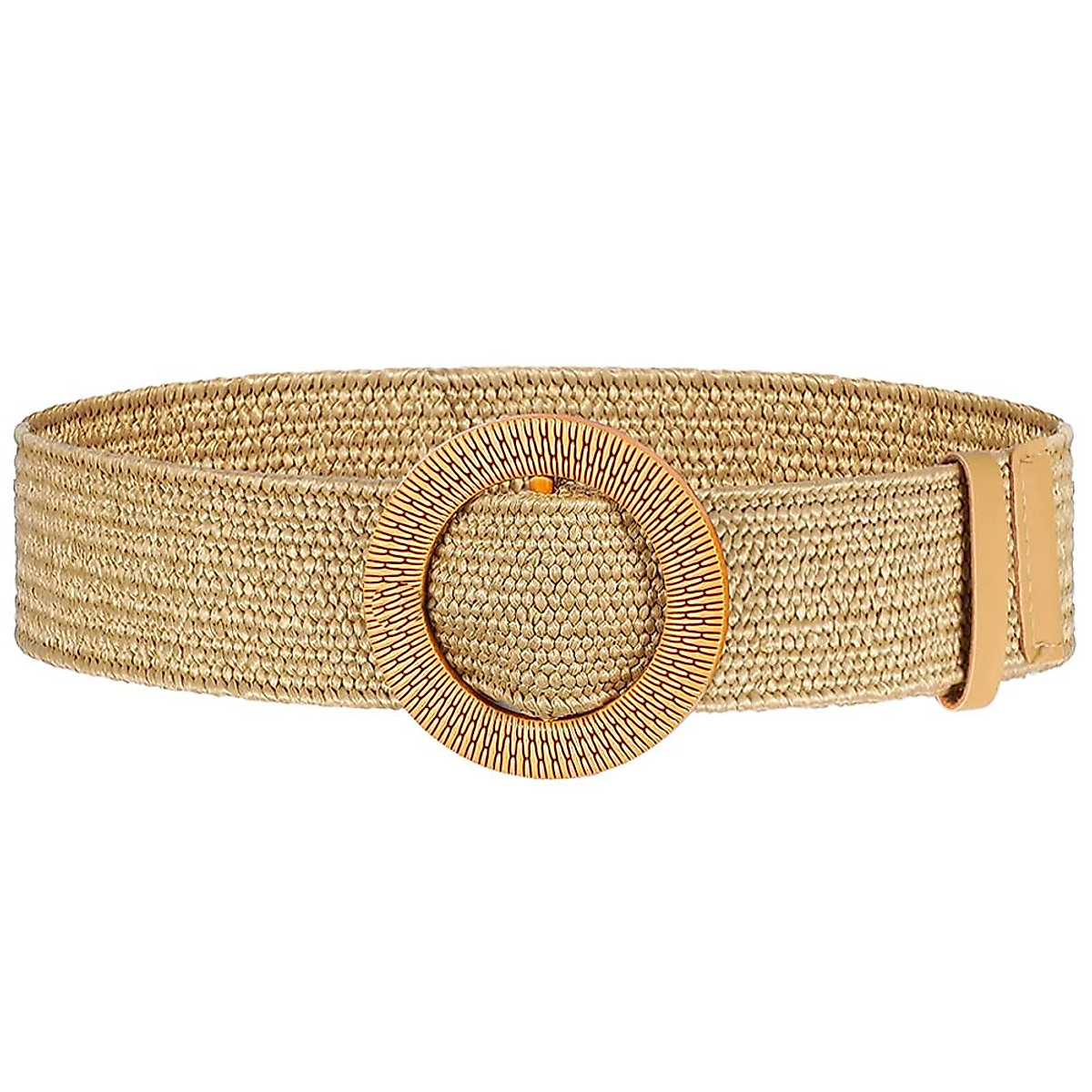 YUCFOREN Women Skinny Dress Belt, Fashion Straw Woven Elastic Stretch Waist Band Wood Buckle Belt