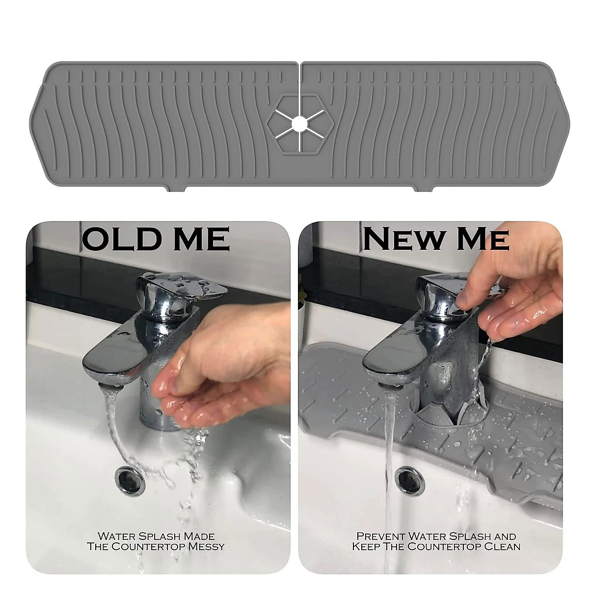AMLETBH Silicone Sink Faucet Pad, Drip Protector Splash Countertop Protection, Kitchen Faucet Sink Splash Guard, Bathroom Faucet Water Catcher Mat, Sink Draining Pad Behind Faucet (L, Grey), Gray