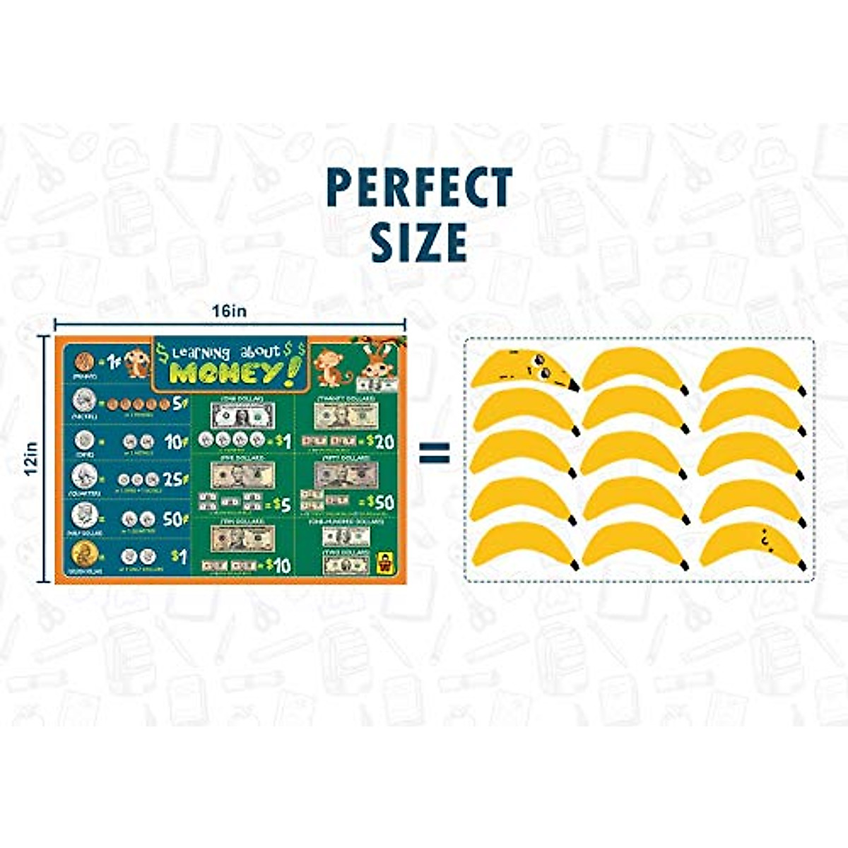 UNCLE WU Learning About Money Placemats - Early Childhood Education Materials Preschool -16 x 12 inch Waterproof Poster