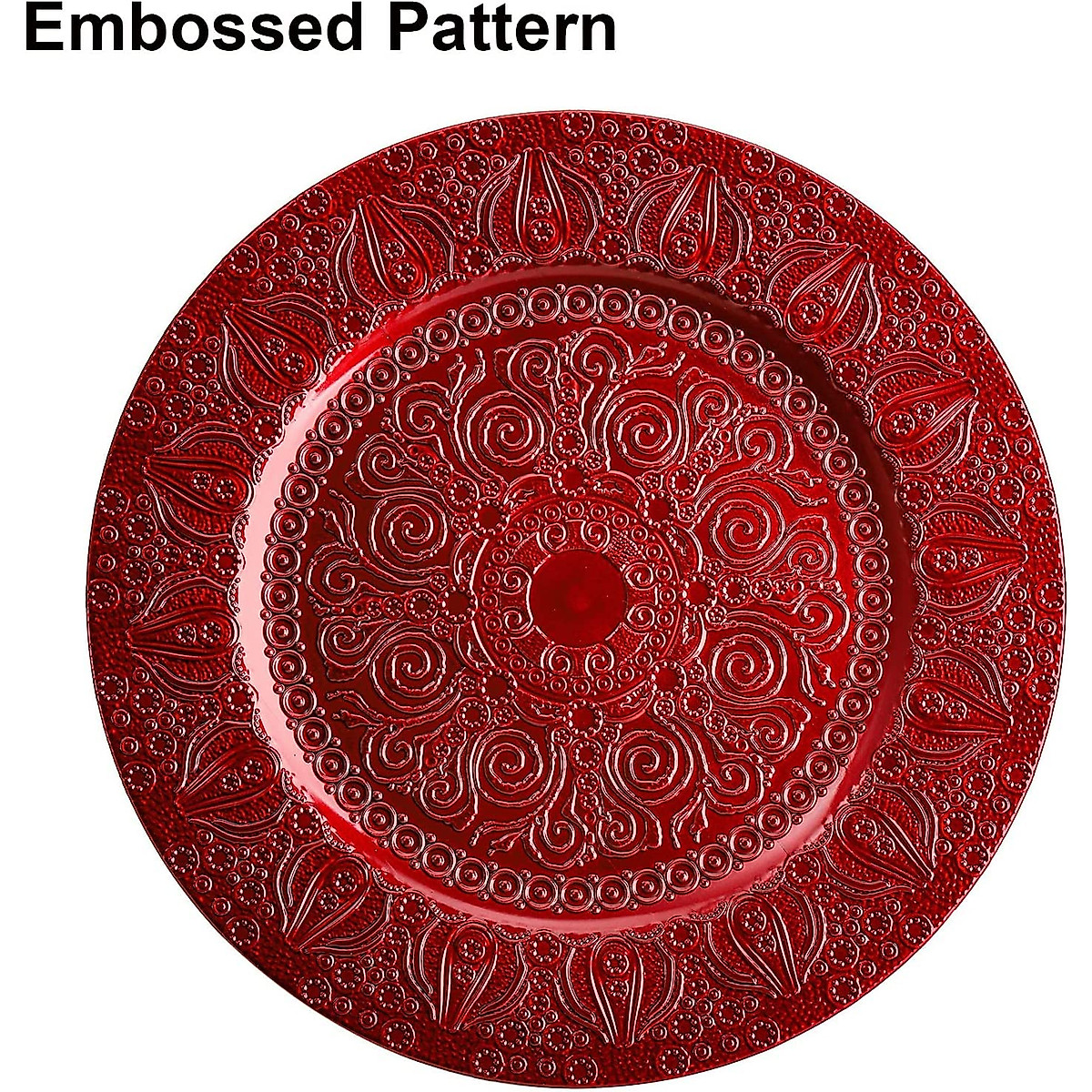 Hacaroa Set of 12 Plastic Round Charger Plates, 13 Inch Red Chargers for Dinner Plates, Antique Wedding Chargers for Table Setting, Holiday, Catering Event, Embossed Patterns
