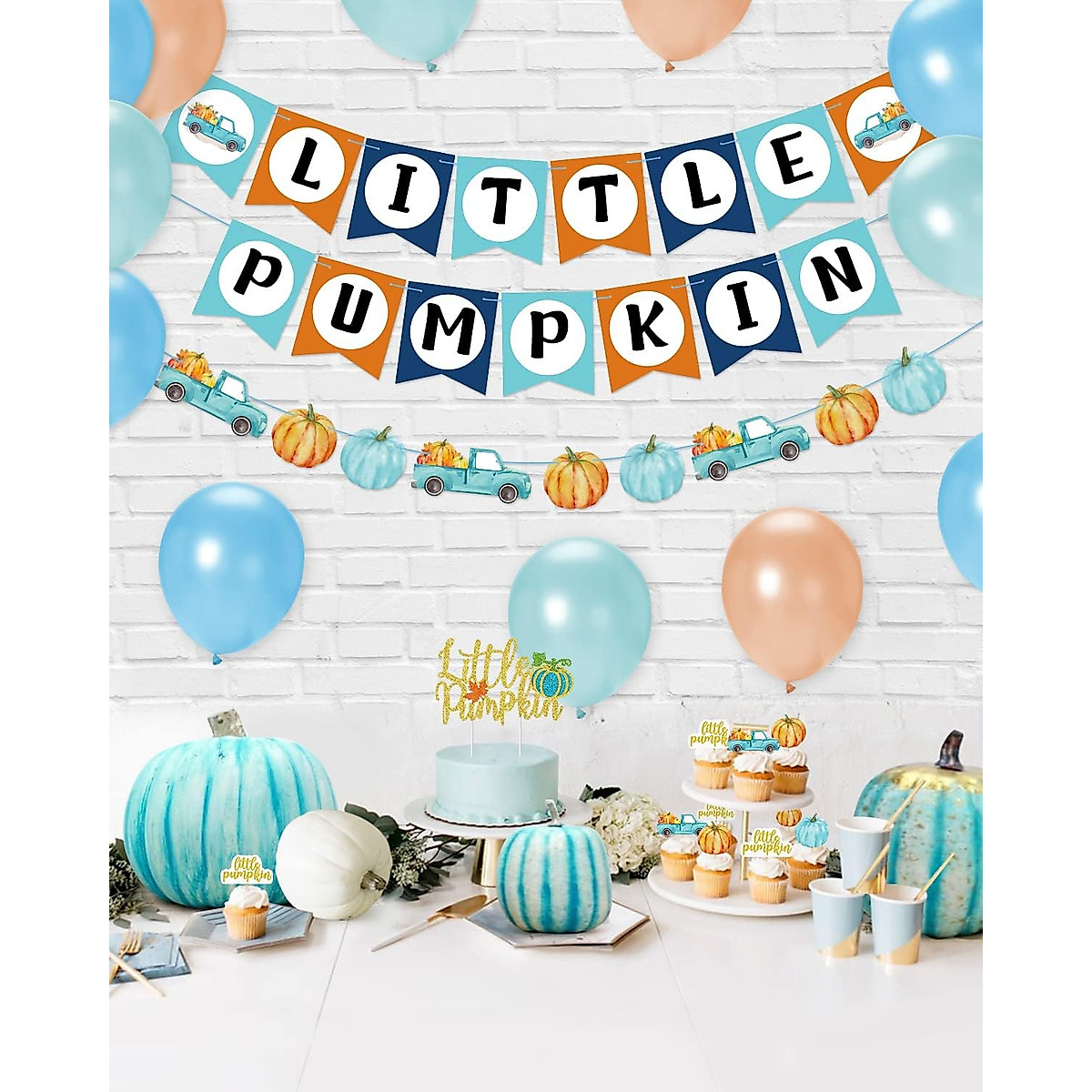 Mosailles Little Pumpkin Decorations Baby Shower Blue Pumpkin Banner Garland Gold Glittery Pumpkin Cake Toppers Latex Balloons for Fall Birthday Thanksgiving Party Decorations Supplies