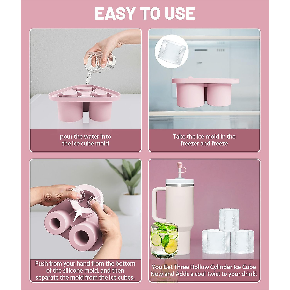 Ice Cube Tray for Stanley 40Oz Tumbler Cup, Silicone Cylinder Ice Cube Shape Mold with Lid and 4 PCS Straw Covers,Fit for Ice Drinks, Tea, Coffee,Whiskey, Cocktails And More (Rose Quartz Pink)