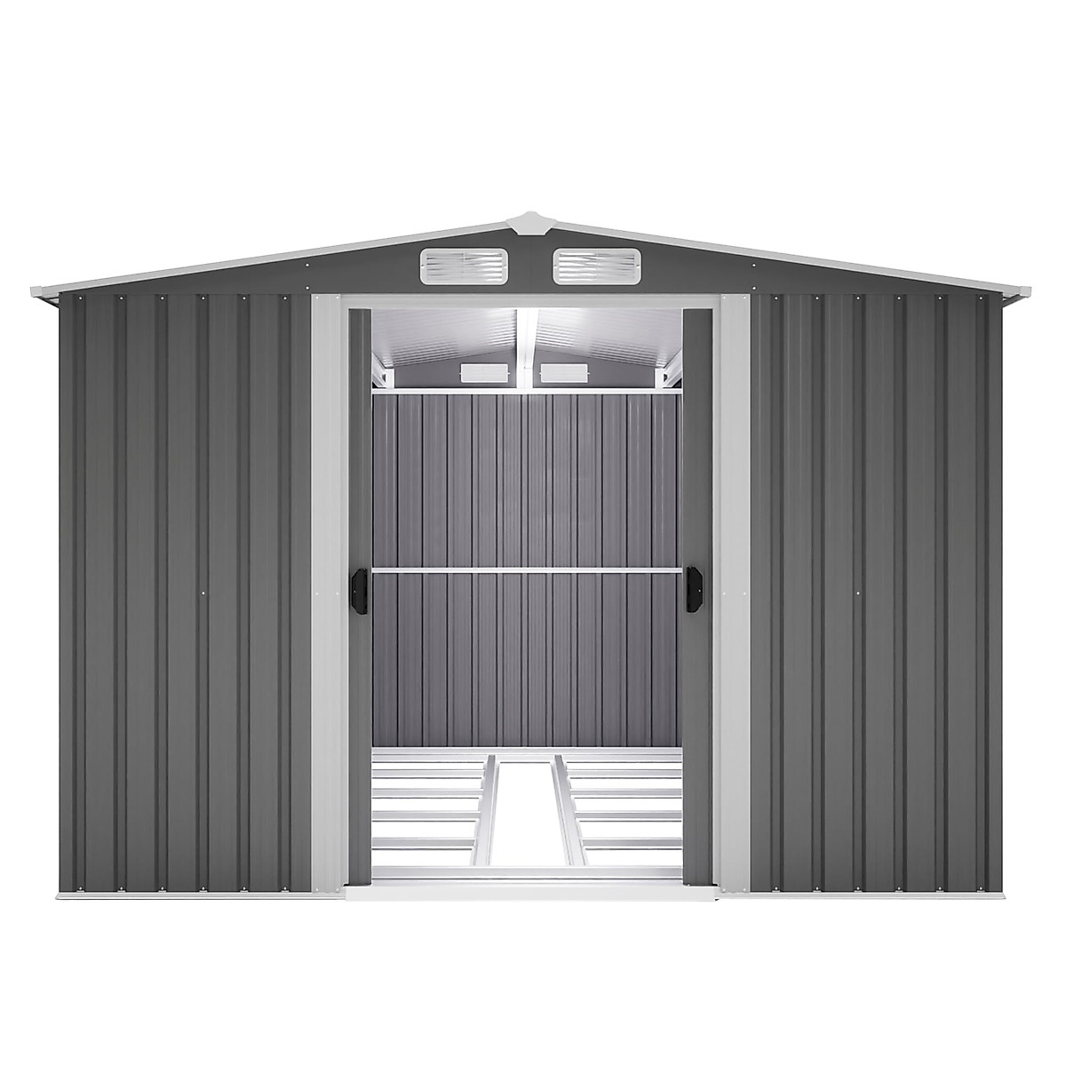 EMKK 10x8 FT Outdoor Storage Shed, Galvanized Steel Metal Garden Shed with Double Sliding Lockable Door, Floor Frame, Vents, Waterproof Tool Shed for Backyard, Lawn, Patio, Teak