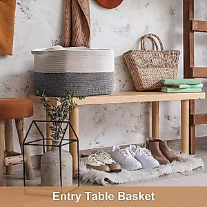 Poschnor 2 Pack Woven Rope Basket with Handles, 15''X10''X9'' Storage Bins Basket, Basket for gifts, Basket for Living Room, Storage Organizer for Towels, Closets, Books, Toys, Grey/White.