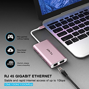 YLSCI USB C HUB, 11 in 1 Docking Station USB C Adapter, 2 x USB 2.0, 2 x USB 3.0, USB C, HDMI, VGA, RJ45, SD/TF Karteleser und Audio, rosa Gold
