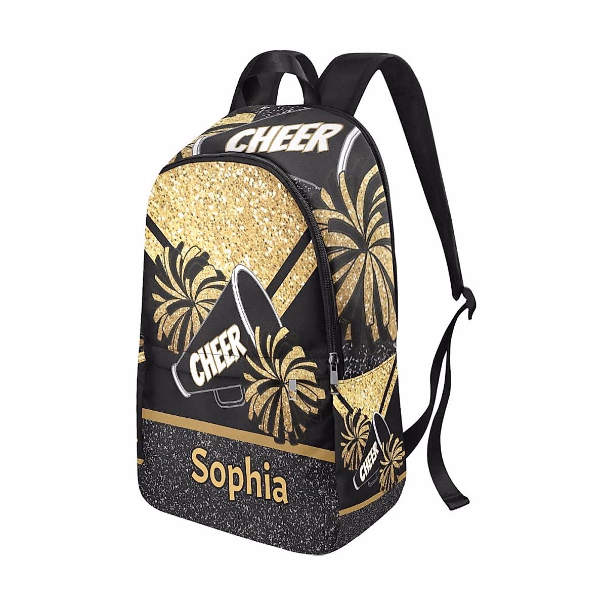 XOZOTY Cheer Cheerleader Gold Black Backpack Personalized Name Shoulder Bag Travel Daypack for Gift