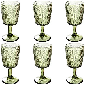 Taganov Green Drinking Glasses set of 6 Embossed Wine Goblets Vintage Colored Glassware 11 OZ Pretty Stemmed Cup for Wedding Party Bar