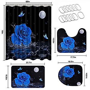 Alishomtll 4 Pcs Blue Rose Shower Curtain Sets with Non-Slip Rug, Toilet Lid Cover and Bath Mat, Blue Black Butterfly Shower Curtain with 12 Hooks, Bathroom Sets with Shower Curtain and Rugs