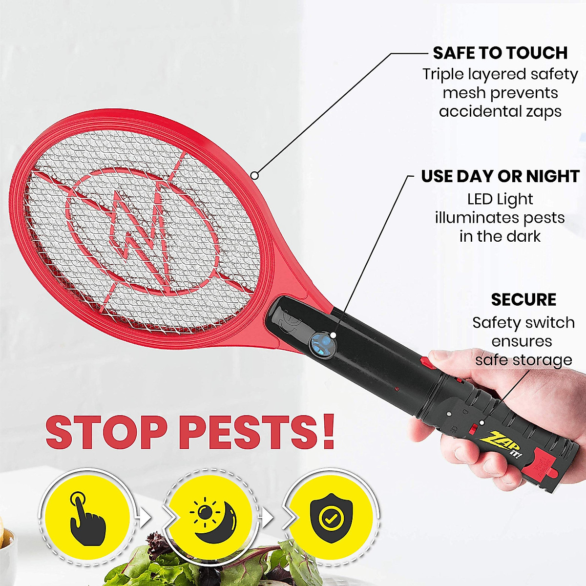 Zap It Bug Zapper Rechargeable Bug Zapper Racket, Electric Fly Swatter, Mosquito Zapper, 4,000 Volt, USB Charging Cable, 2 Pack (Medium, Red)