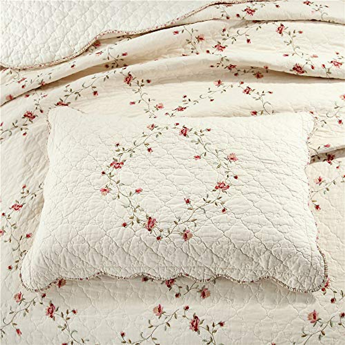 Quilt Set Classical 3D Floral Embroidery Pattern 3-Piece Cotton Reversible Quilted Embroidered Decorative Bedspreads Coverlet Bedding Set, Lightweight &Soft,Beige,King Size