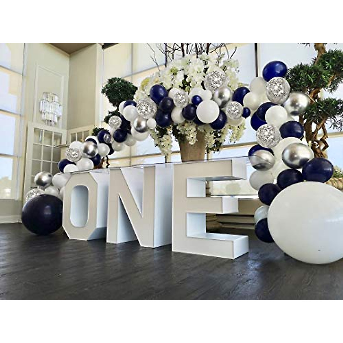 Silver Blue Balloons Garland Kit, 120 pcs Navy Blue and Silver Confetti White Balloons Arch with 16ft Tape Strip & Dot Glue for Party Wedding Birthday DIY Decoration