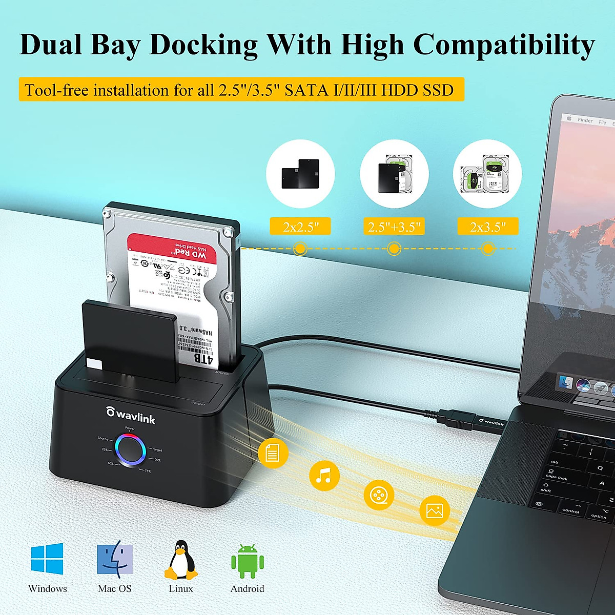 WAVLINK Dual Bay Hard Drive Docking Station, USB 3.0 to SATA Hard Drive Dock for 2.5/3.5 inch HDD/SSD with Offline Clone Function, USB A to USB C Converter, Support UASP and 2x16TB with Power Adapter