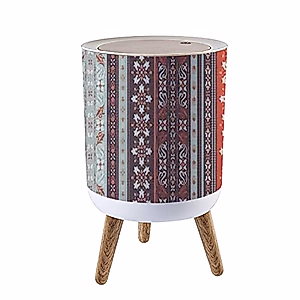 Small Trash Can with Lid Seamless Based on Ornament Paisley Bandana Print Vintage Style Silk Wood Legs Press Cover Garbage Bin Round Waste Bin Wastebasket for Kitchen Bathroom Office 7L/1.8 Gallon