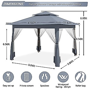 Winkalon 13'x 13' Pop Up Gazebo with Mosquito Netting, Outdoor Gazebo Waterproof Canopy Tent with Double Roof Tops and 169 Square Feet of Shade for Patio, Group Gatherings, Camping Shelter (Grey)