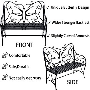 HLC Outdoor Bench Patio Outdoor Garden Bench Butterfly Cast Iron Metal with Armrests for Garden, Park,Yard, Patio, Porch, Lawn Double Seats Black
