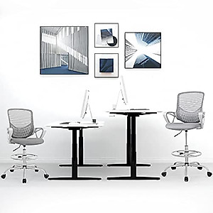 OLIXIS Ergonomic Tall Height Standing Mesh Desk Drafting Stool with Adjustable Foot Ring Computer Chair with Armrests for Home Office, Grey, Black