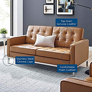 Modway Loft Upholstered Leather Mid-Century Modern Loveseat in Tan