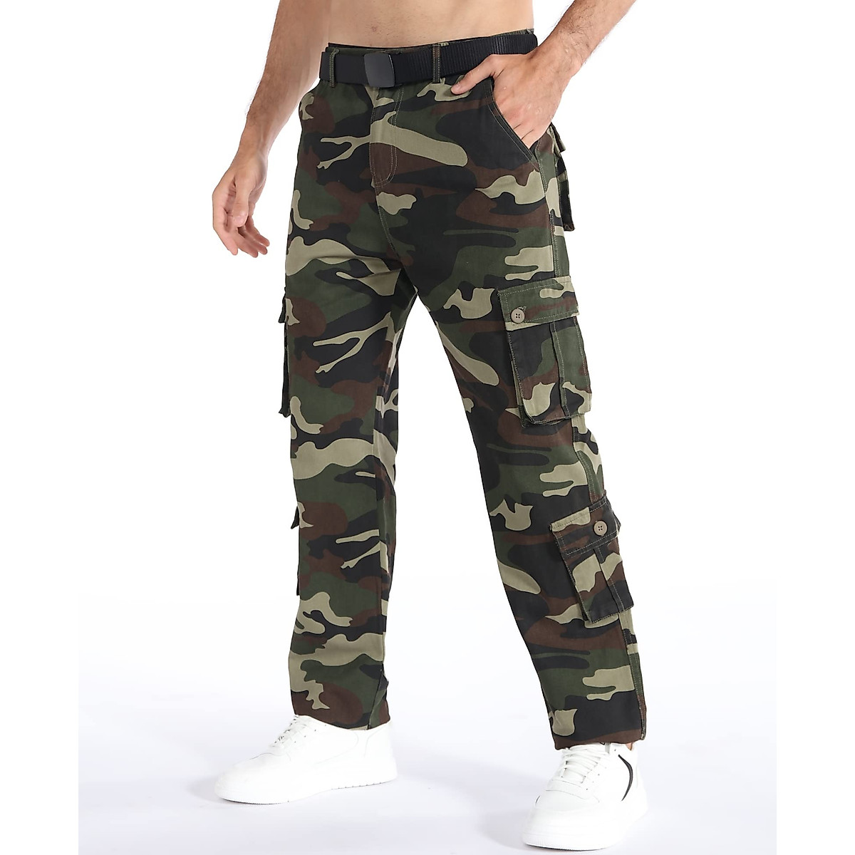 zeetoo Mens Relaxed-Fit Cargo Pants Multi Pocket Military Camo Combat Work Pants GZ03 Green Camo