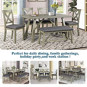 Prohon Wood 6 Piece Dining Set with 60" L Rectangular Table, Multifunctional Soft Bench and 4 X-Shaped Highback Chairs, Farmhouse Rustic Style Kitchen Furniture for Living Room/Apartments, Gray