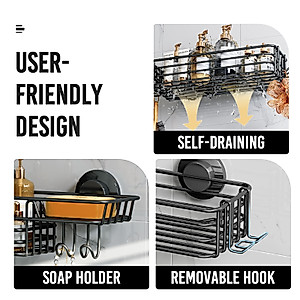 LEVERLOC Shower Caddy Suction Cup, 2 Pack Shower Shelves for Inside Shower with Hooks & Soap holder, NO-Drilling Bathroom Shower Organizer, Rustproof Meatl Shower Holder Storage, Black