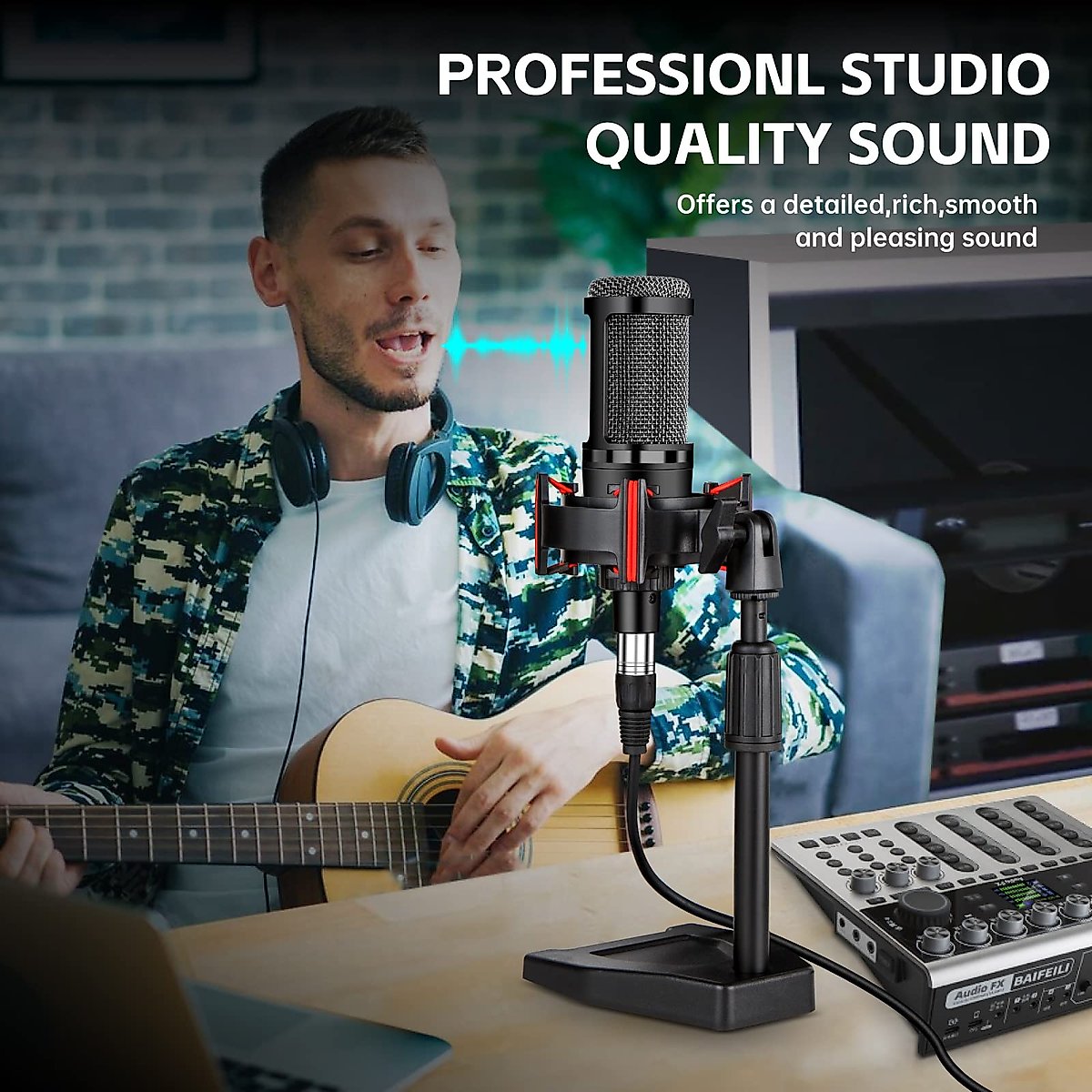 PROAR Condenser Microphone XLR, Cardioid Pickup Pattern, 48V Phantom Power Required, Shock Mount & Pop Filter Included, Sturdy Base & Height Adjustable Stand