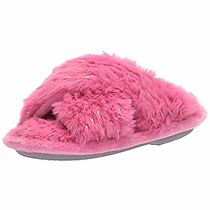 Dearfoams unisex child Jess Furry Cross Band Slide Slipper, Pink Polish, 11-12 Toddler US