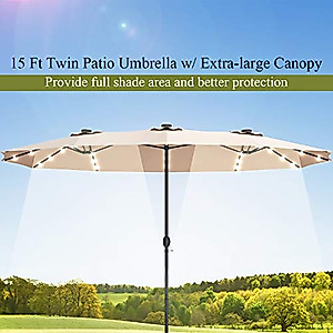 TANGKULA 15 Ft Solar LED Patio Double-Sided Umbrella with Base, Outdoor Twin Umbrella, Extra Large Umbrella w/ 36 Solar Powered LED Lights & Crank System for Garden, Deck, Poolside, Patio (Beige)