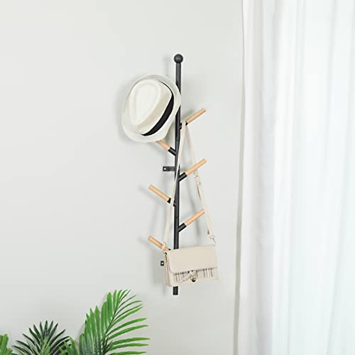 X-cosrack Wall Mounted Coat Rack Splicable Metal & Wood Hat Hanger Rack with 8 Hooks, 3-in-1 Tree Hanger Organizer for Coat Bag Scarves Clothes for Entryway Hallway Bedroom