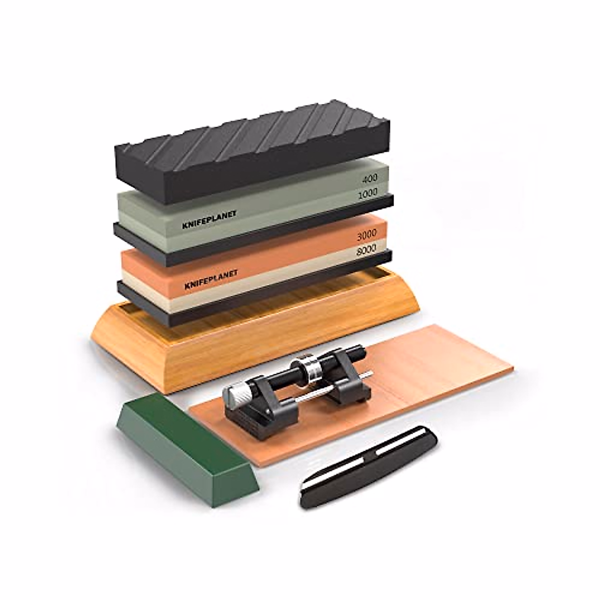 Premium Knife Sharpening Stone Set – 400/1000 and 3000/8000-Grit Professional, Whetstone Set Includes Flattening Stone, Bamboo Base, Leather Strop, Honing Guide, Angle tool and Abrasive Compound