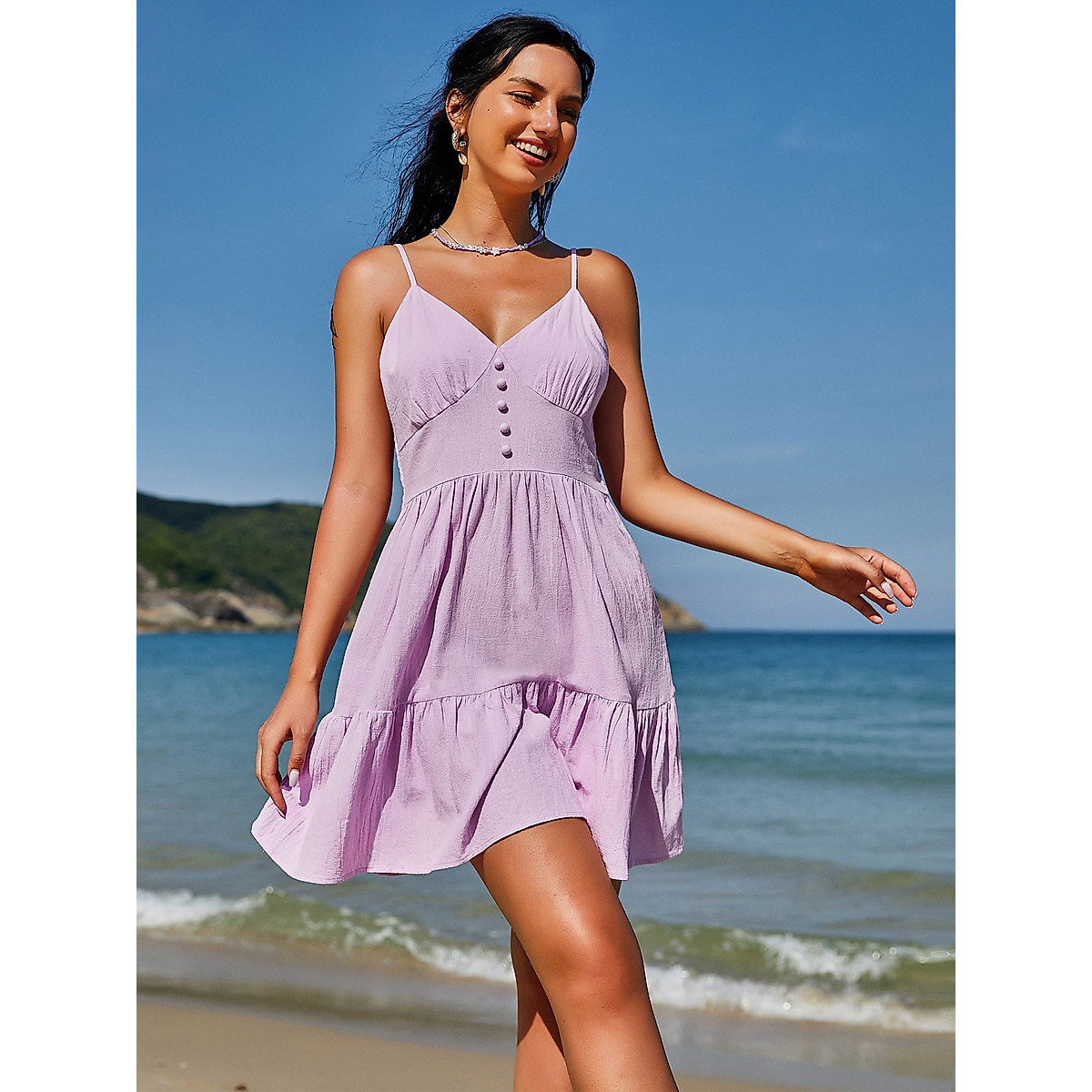 ZAFUL Women's Casual V Neck Summer Mini Dress Spaghetti Strap A-Line Short Dresses Backless Solid Color Sundress (A-f Purple,L)