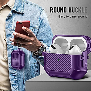 Maxjoy Compatible with AirPods Pro Case, Carbon Fiber Secure Lock Clip Full Body Shockproof Hard Shell Protective Case Cover with Keychain for AirPod Pro (2019), Purple