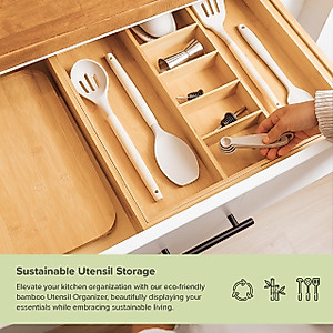 KitchenEdge Adjustable Kitchen Drawer Organizer for Utensils and Junk, Expandable to 33 Inches Wide, 9 Compartments, 100% Bamboo