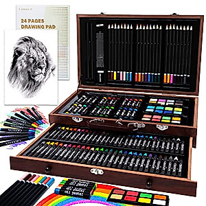 Art Supplies, Tanmit 141-Piece Deluxe Art Set Painting Drawing Kit with Artist Sketch Pad, Oil Pastels, Colored Pencils, Crayons, Watercolor Cakes, Wooden Art Box for Adults Beginners
