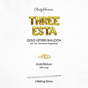 PartyForever Gold Three Esta Foil Balloon Banner Fiesta Themed 3rd Birthday Party Decoration and Supplies