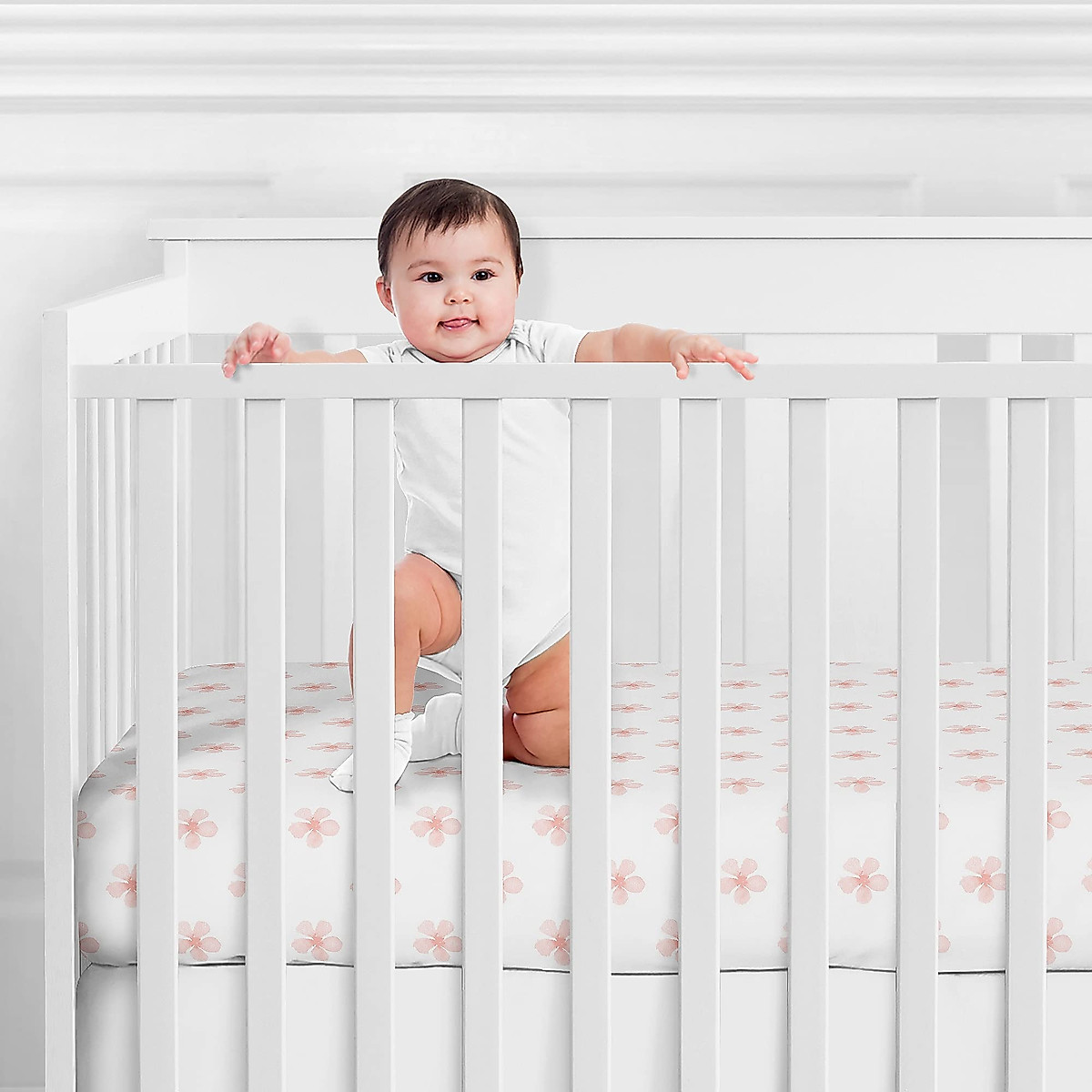 Sweet Jojo Designs Pink and White Flower Blossom Girl Fitted Crib Sheet Baby or Toddler Bed Nursery - Blush Shabby Chic Farmhouse Daisy for Burgundy Watercolor Floral Collection