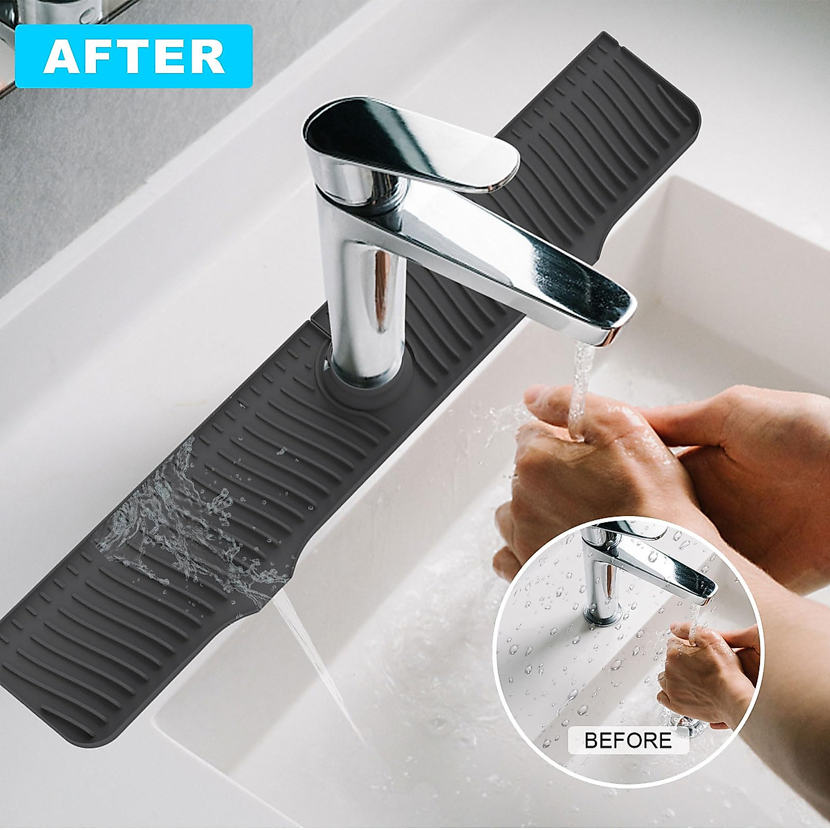 32 inch Kitchen Sink Splash Guard, Silicone Faucet Splash Guard, Large Size Silicone Sink Mat for Kitchen Bathroom, Faucet Handle Drip Catcher Tray (Black)