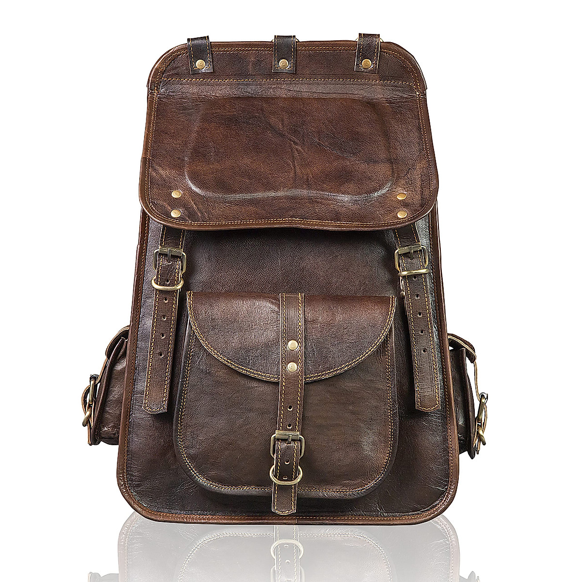 THE CHARMIKA Full Grain 21 Inch Leather Laptop Rucksack Knapsack / Large Backpack Casual Bookbag Daypack Camping Travel (Dark Choco Vintage)