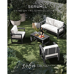 SERWALL 4 Pieces Outdoor Conversation Sofa Set with Cushions, HDPE Outdoor Couch Loveseat Furniture with Side Table All Weather Use for Patio, Balcony, Deck, Poolside, Grey Frame with Khaki Cushions