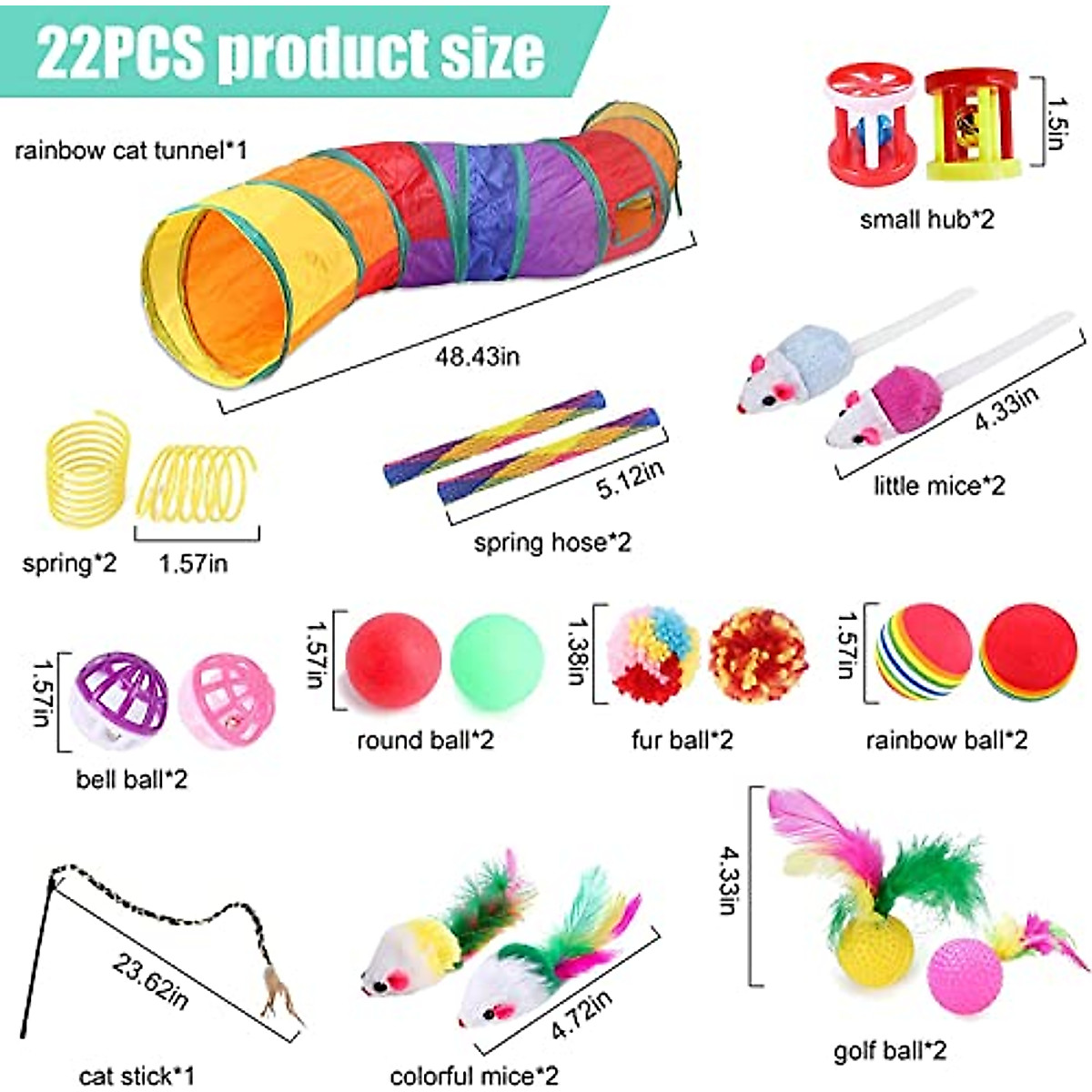 22PCS Cat Toys, Kitten Toy with Collapsible Rainbow Cat Tunnel, Cat Toys for Indoor Cats, Interactive Cat Toy Set Include Crinkle Ball, Variety Jingle Bells, Spring Toy, Mouse Toys for Cats, Kitty